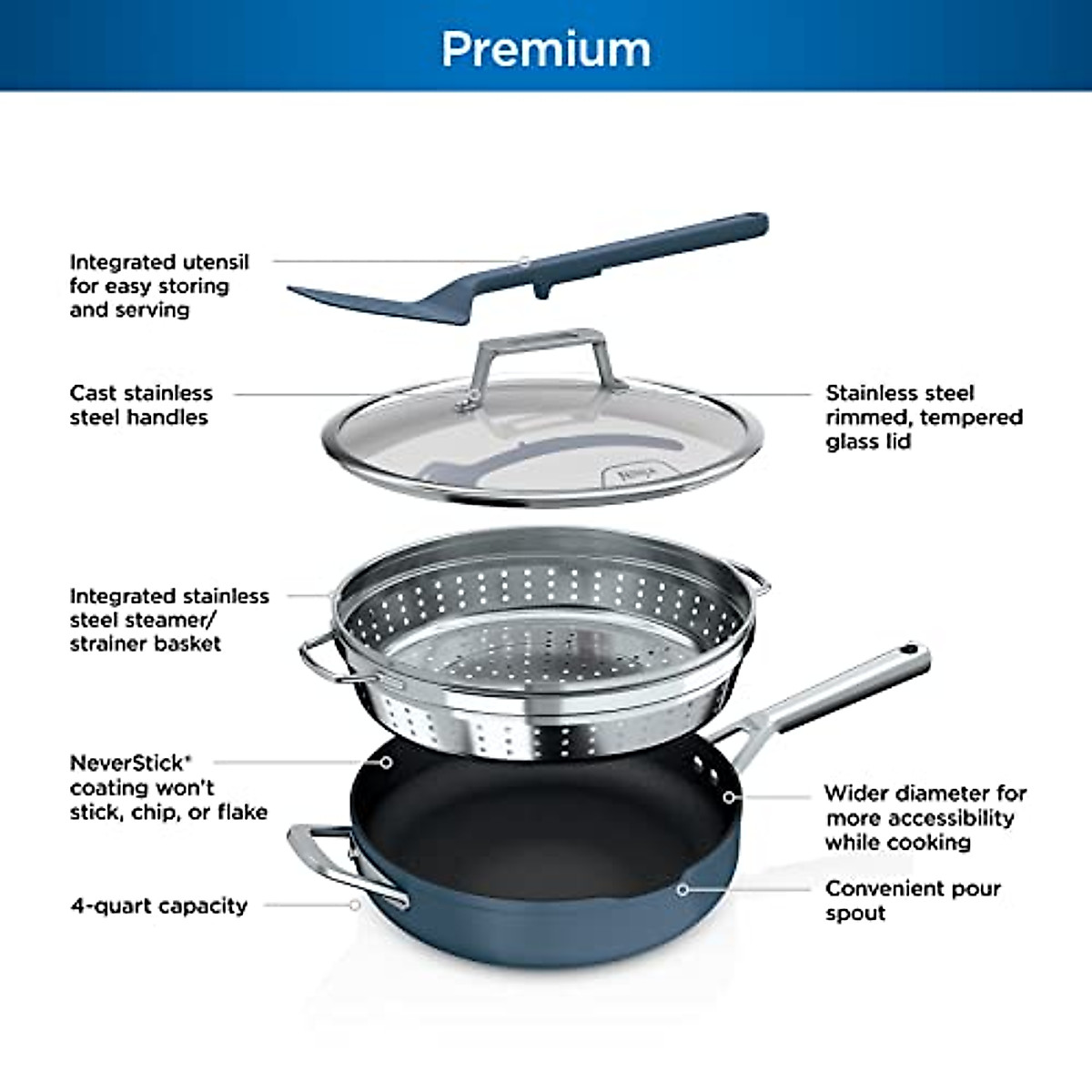 Ninja CW102BL Foodi NeverStick PossiblePan, Premium Set with 4-Quart Capacity Pan, Steamer/Strainer Basket, Glass Lid & Integrated Spatula, Nonstick, Durable & Oven Safe to 500°F, Macaron Blue