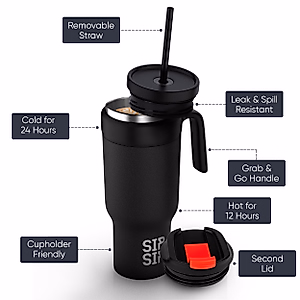SIP SIP insulted 30oz stainless steel tumbler with handle and straw lid for water, iced coffee and more, Separate lid top for hot beverages, double wall vacuum all in one tumbler (Black)