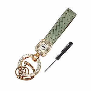 Car Keychain,Lanyard Crystal Bling Hand Wristlet Keychains,Anti-lost D-ring and 2 Key Rings,Leather Key Fob Holder Chain Ring (Green)