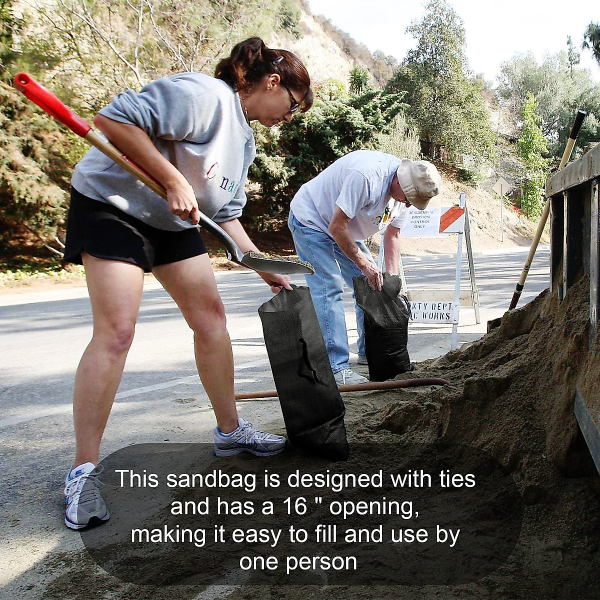 ASKIZ Heavy Duty Sand Bags Empty Woven Sand Bags with Tie Strings with 1600 Hours of UV Protection Polypropylene Sand-Bags - 16" x 25.5" Ultra Tough Sandbags for Hurricane Flooding (Black 50 Bags)