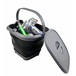 SAMMART 8.5L (2.2 Gallon) Collapsible Square Handy Bucket with Lid/Foldable Square Water Pail with Lid/Portable Tub with Handle and Lid (Grey/Black)