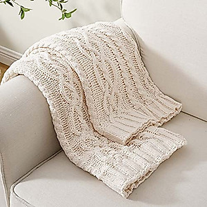 Battilo Cream White Ivory Throw Blanket for Couch, 51x 67 Inch, Woven Chenille Knit Throw Blanket for Chair, Super Soft Warm Decorative Textured Throw Blanket for Bed, Sofa and Living Room.