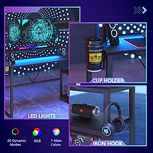 HEEYUE L Shaped Gaming Desk with Power Outlets & LED Strip Lights,Computer Desk with Large Monitor Stand,Corner Desk with Storage Shelf,Headphone Hook&Cup Holder for Home Office