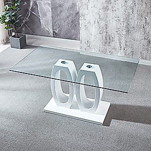 Pvillez Glass Dining Table for 6 People, 63" Modern Glass Dinner Kitchen Table for Dining Room Kitchen, Rectangular Glass Top Dining Table with White High Gloss Dual Oval Base Pedestal Dining Table