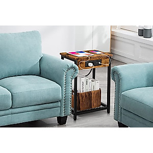 melos Nightstands with Charging Station, 2 Tier Bedside Table with USB Ports and Outlets, Narrow End Table with Storage Shelf, Side Tables for Bedroom, Living Room, Rustic Brown