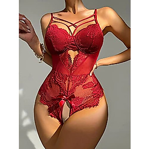 Pyroluna Women’s Lingerie One Piece Floral Lace Teddy Bodysuit Strappy for Boudoir with Bow Cute Nightie (Wine Red, X-Large)