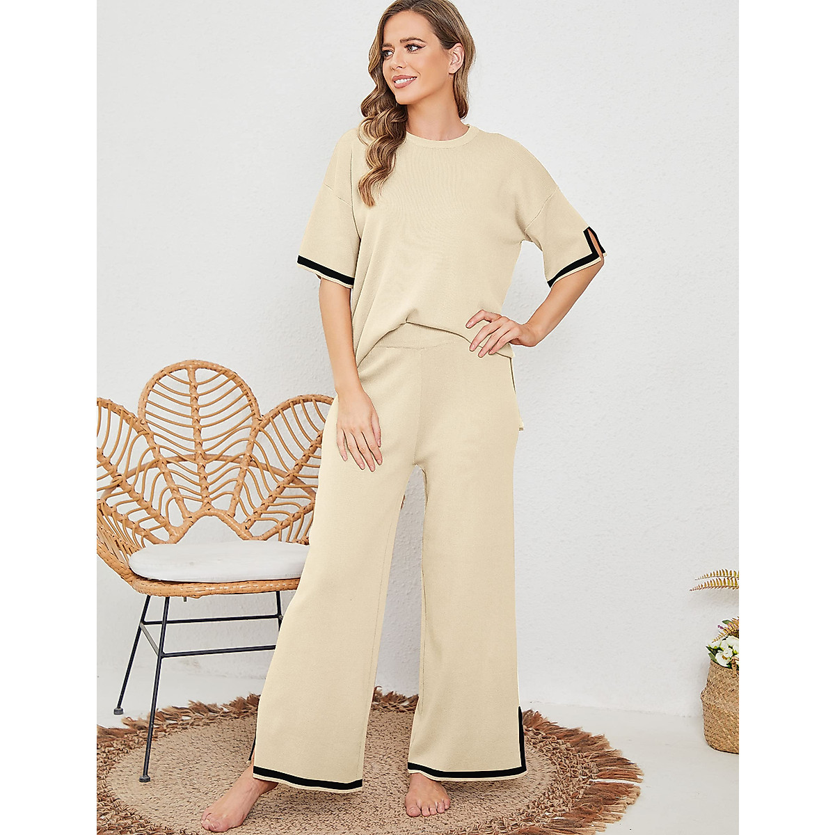 Faleave Womens Knit 2 Piece Sweater Sets Short Sleeve Pullover Tops Elastic Waist Wide Leg Pants Lounge Set(Apricot-M)