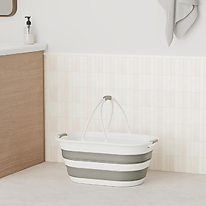 SAMMART 38L (10 Gallons) Collapsible Plastic Laundry Basket - Foldable Storage Container/Organizer - Portable Washing Tub - Space Saving Laundry Hamper (White/Grey)