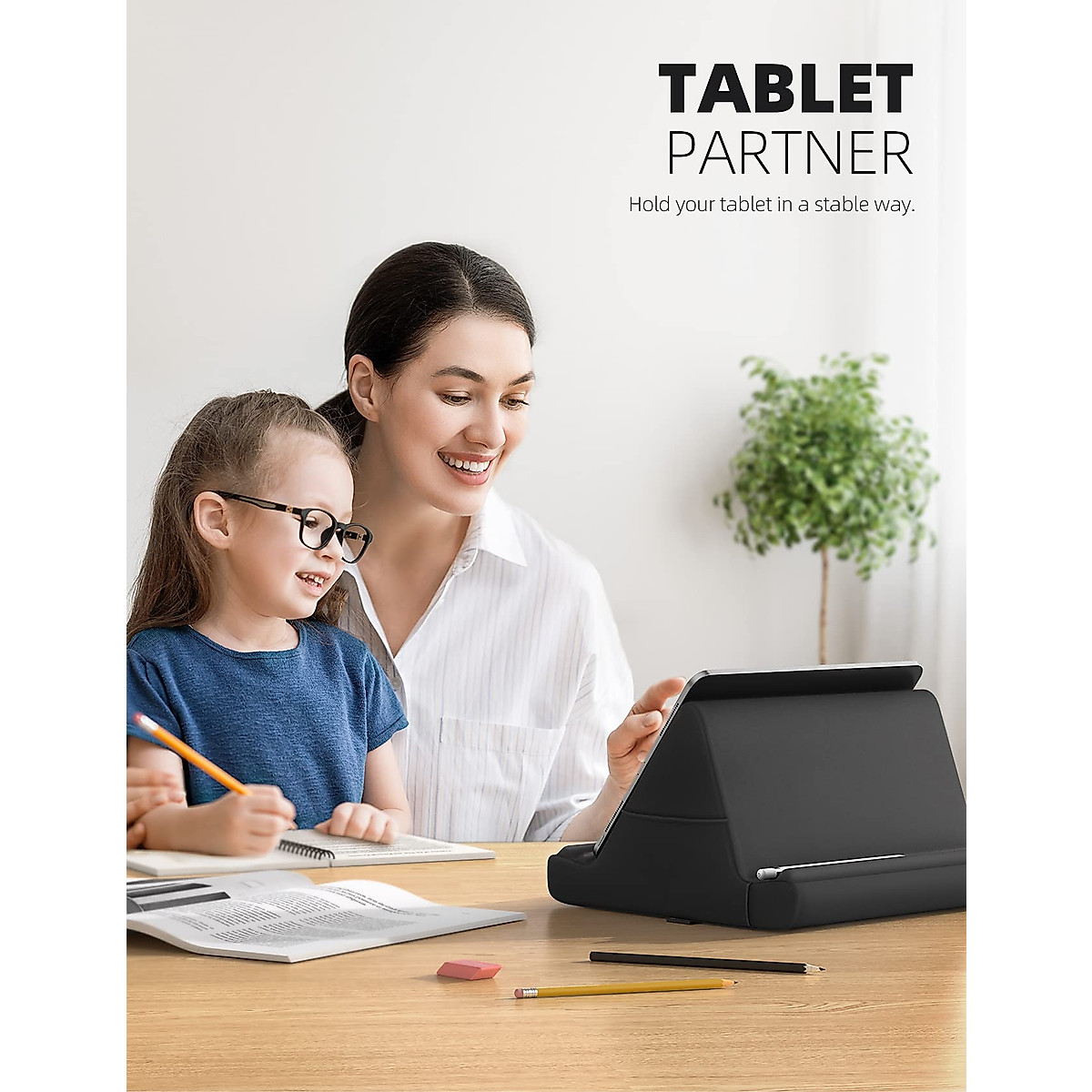 Lamicall Tablet Pillow Holder Stand - Tablet Pillow Soft Pad Dock for Lap, Bed and Desk with Pocket & 4 Viewing Angles, for 2022 iPad Pro 11, 12.9, Air, Mini, Kindle, 4-13" Phone and Tablet, Black