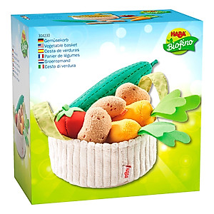 HABA Biofino Vegetable Basket - Soft Plush Pretend Play Food Includes Carrier, Cucumber, Tomato, 2 Carrots and 3 Potatoes for Ages 3+