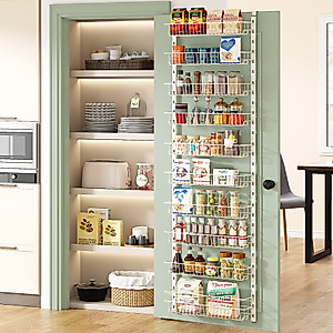 1Easylife Over the Door Pantry Organizer, 10-Tier Adjustable Baskets Pantry Organization, Metal Door Shelf with Detachable Frame, Space Saving Hanging Spice Rack for Kitchen Pantry Bathroom, Off White