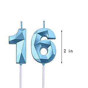 2 inch Blue 16 & 61 Birthday Candles, 3D Diamond Number 16th & 61st Cake Topper for Boys Girls Birthday Party Decorations Theme Party
