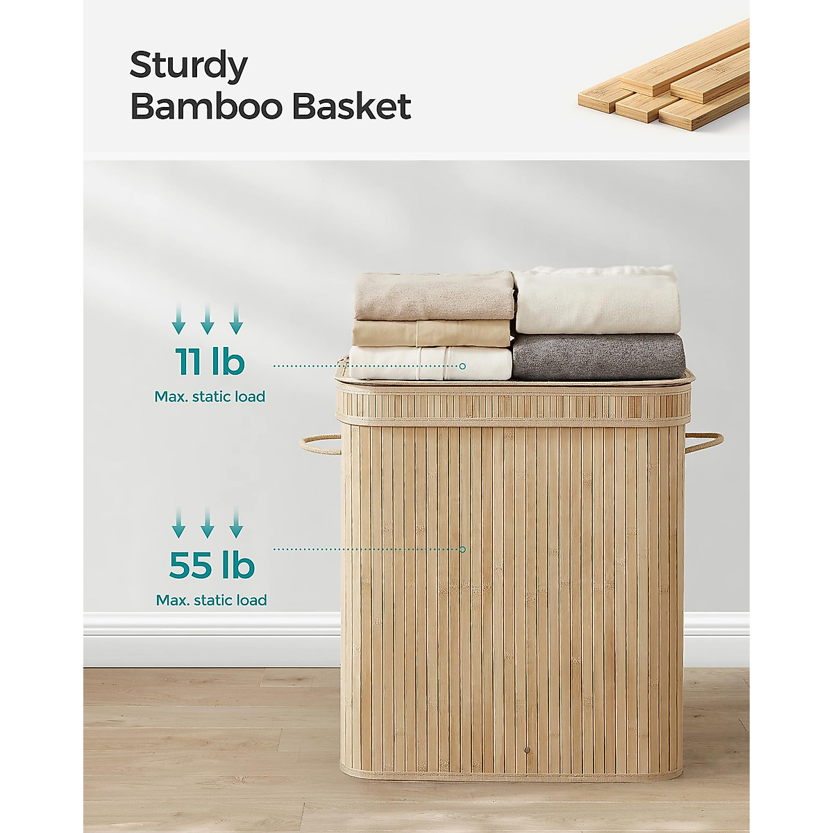 SONGMICS Laundry Hamper with Lid, Bamboo Laundry Basket, Removable Machine Washable Laundry Basket, with Handles, 26.4-Gallons, for Laundry Room, Bedroom, Bathroom, Natural Beige ULCB063N01