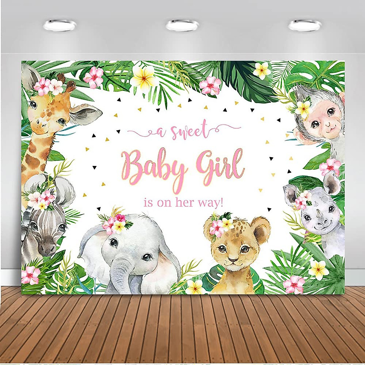 Mocsicka Girl Safari Baby Shower Backdrop 7x5ft Pink Safari Wild Animals A Sweet Baby Girl is On Her Way Baby Shower Party Decorations Floral Greenery Photography Background