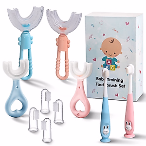 Baby Toddler Infant Toothbrush 6 to 12 Months and Up Age 1 2 3 1-2 2-4 Year Old, 10 in 1 Toothbrushes Gift Set with Soft Finger U-shaped Brush Brushing Bristles for Newborns Kids Children Child