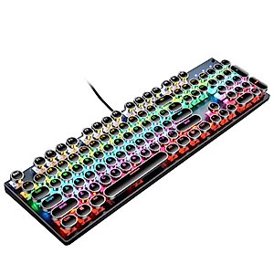 TISHLED Typewriter Style Mechanical Gaming Keyboard RGB LED Backlit 104-Key Clicky Blue Switches Retro Steampunk Round Keycaps Metal Panel Light Up Keyboard Wired USB for PC/Mac/Laptop, Black
