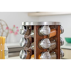 Orii 20 Jar Dark Acacia Wood Spice Rack with Spices Included - Rotating Tower Organizer for Kitchen Spices and Seasonings, Free Spice Refills for 5 Years (Dark Stained Acacia Wood)