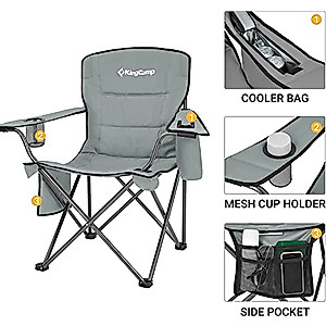 KingCamp Oversized Folding Camping Chair for Adults Portable Outdoor Lawn Heavy Duty with Cooler, Cup Holder, Side Pocket,Carry Bag, 2 Pack, Grey