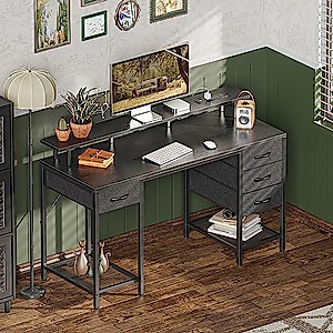 Huuger 55 inch Computer Desk with 4 Drawers, Gaming Desk with LED Lights & Power Outlets, Home Office Desk with Large Storage Space for Bedroom, Work from Home, Black