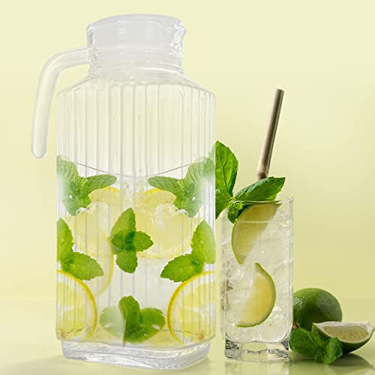 Glass Pitcher - Beverage Serveware and Storage Container for Hot Drink or Cold Drinks. 60oz. Glass Water Fridge Pitcher with Lid, Juice Container, Water Jug, Iced Tea Pitcher or Milk Pitcher Cocktails