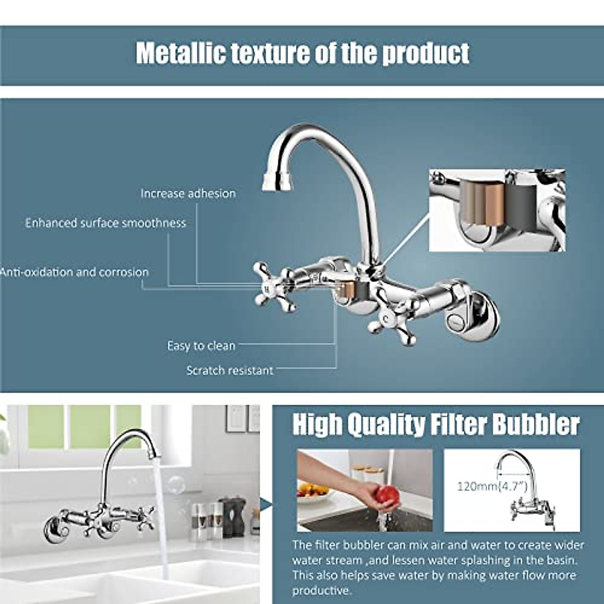 Aolemi Polish Chrome Wall Mount Kitchen Sink Faucet 3 to 9 Inch Adjustable Spread Double Cross Handle Mixer Tap