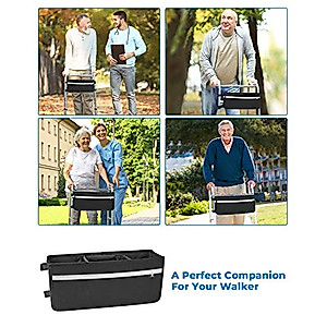 ISSYAUTO Walker Basket, Strap Mount Walker Cup Drink Holder with Two Split Board, Foldable Walker Storage Bag, Best Gift for Family and Friends - Black (Not Fit Rollator Walkers)