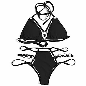 EJsoyo Womens Sexy Thong Bikini Swimsuits String Push up Padded Bathing Suit 2 Piece Cheeky Swimwear with Metal Ring (Large, Black)