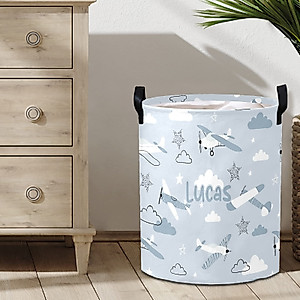 Airplane Blue Personalized Laundry Basket Hamper,Collapsible Storage Baskets with Handles for Room,Clothes, Nursery Decor