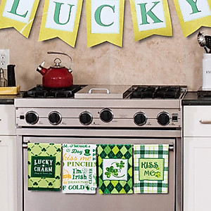 Whaline 4 Pack St Patrick's Day Kitchen Towel Lucky Shamrock Dish Towel Green Plaid Clover Kitchen Hand Drying Tea Towel for Cooking Baking Cleaning Wipes, 18 x 28 Inch