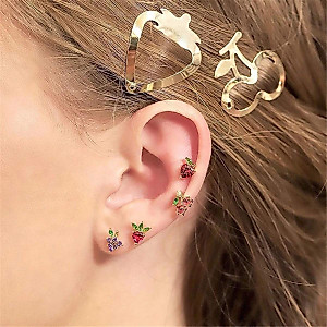 Nanafast Fruit Stud Earrings 18K Gold Plated Pineapple Grape Cherry Earrings Cubic Zirconia Stud Earrings Set for Women Fruit Jewelry Gifts 6 pairs