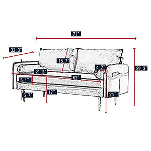 JULYFOX Blue Velvet Fabric Sofa Couch, 71 inch Wide Mid Century Modern Living Room Couch with Side Storage Fashion Golden Legs for Small Spaces