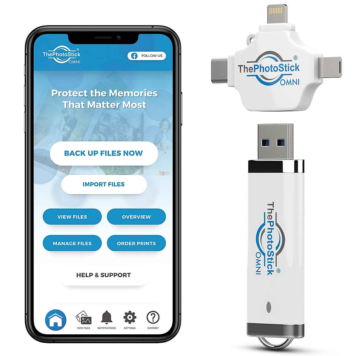 ThePhotoStick® Omni 64GB - Secure Photo & Video Backup and Transfer | Digital File Organization | USB & Multiport Connection for Phones, Tablets and Computers | Portable Memory | External Storage