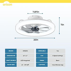 Orison Smart Ceiling Fans with Lights, 20'' Low Profile Ceiling Fan with Remote and App Control, Flush Mount Ceiling Fan with Voice Control, Compatible with Alexa & Google Home (White)