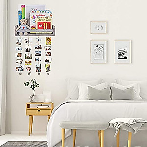 Satauko Floating Shelves Storage for Photo Hanging Display, Wooden Picture Frames Collage with 24 Clips, Wall Mounted Shelf Décor for Pictures Organizer. (Grey)