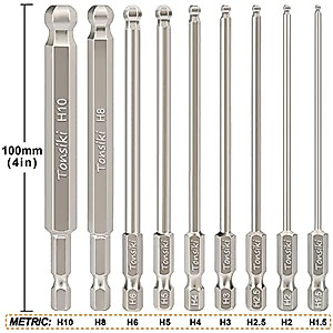 Tonsiki 9PCS Ball End Hex Head Allen Wrench Drill Bit Set, Metric S2 Steel Hex Bits Set, 1/4" Hex Shank Magnetic Screwdriver Bit Set for Assembling Furniture, 4'' Long - 1.5/2/2.5/3/4/5/6/8/10mm