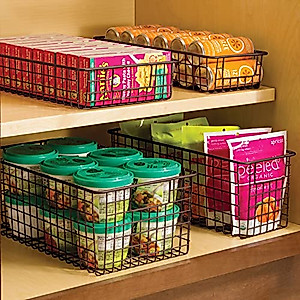 mDesign Metal Wire Food Storage Shallow Bin Basket with Handles for Organizing Kitchen Cabinets, Counter, Pantry Shelf - Perfect for Snacks, Drinks - Concerto Collection - Bronze