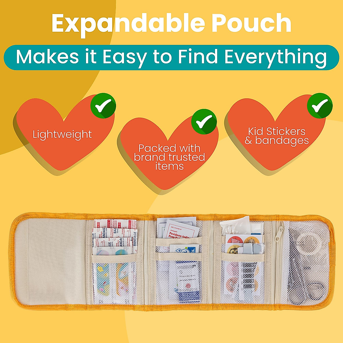 PreparaKit Travel First Aid Kit for Kids - Mini Car, Purse, Backpack, or Diaper Bag 75 Piece Medicine Includes All Essential Medical Supplies TSA-Approved (Orange Crush)