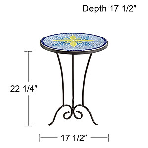 Teal Island Designs Flower Rustic Black Metal Round Outdoor Accent Side Table 17 1/2" Wide Blue Yellow Mosaic Tile Tabletop Gracefully Curved Legs for Spaces Porch Patio Home House Balcony Deck