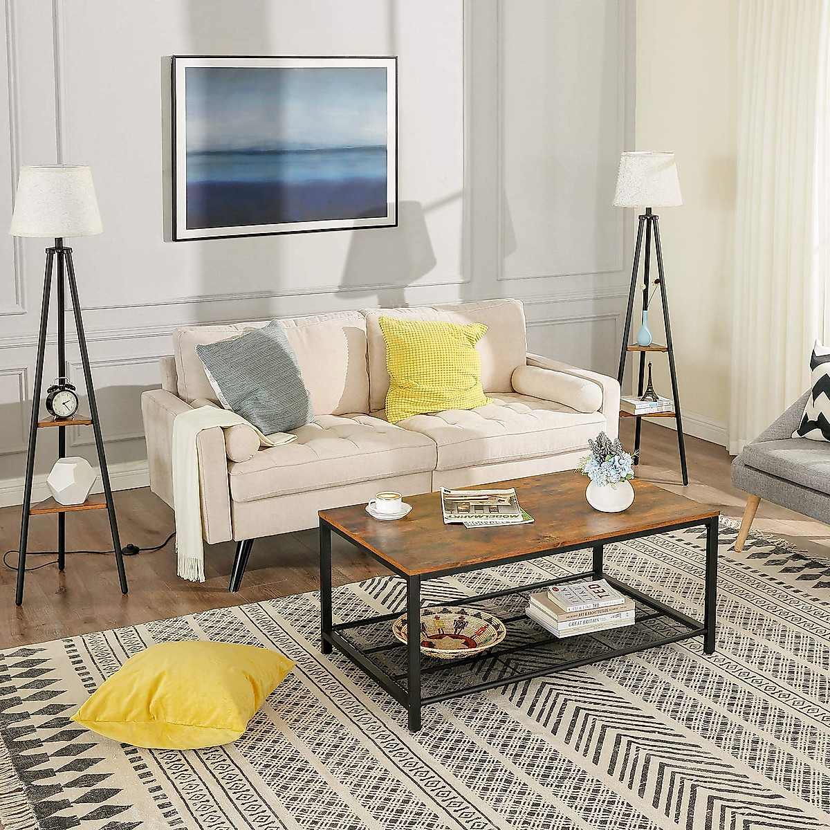 VASAGLE Floor Lamp with Shelves, Standing Reading Lamp with Lamp Shade, for Living Room, Bedroom, Bulb Not Included, Rustic Brown ULFL15BX