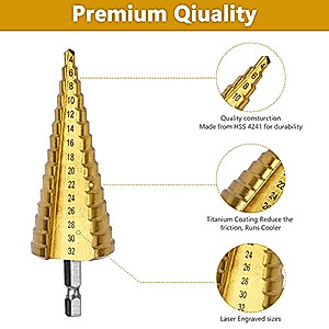 PRECIHW 15 Sizes Step Drill Bit, 4mm-32mm (3/16" to 1-1/4") Titanium Coated Multi Step Drill Bits for Sheet Metal Hole Drilling, HSS Multi Size Unibit Drill Bits for Metal, Aluminium and Wood