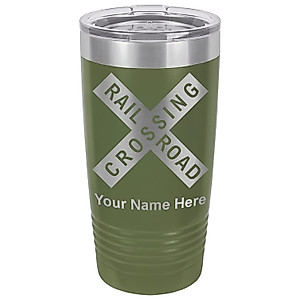 LaserGram 20oz Vacuum Insulated Tumbler Mug, Railroad Crossing Sign 1, Personalized Engraving Included (Camo Green)