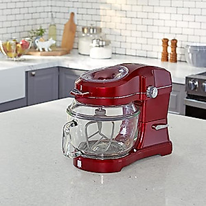 Kenmore Elite Ovation Electric Stand Mixer 5 Qt 500 Watt 10-Speed Motor Revolutionary Pour-In Top Tilt Head Beater Whisk Dough Hook Planetary Mixing 360-Degree Splash Guard Glass Bowl with Lid, Red