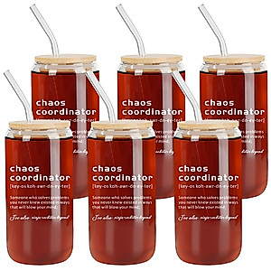 6 Pieces Chaos Coordinator Gifts For Women- 16oz Chaos Coordinator Glass Cup With Lid And Straw Drinking Glasses Tumbler Gifts Thank You Gift for Coworker, Teacher, Boss ，Teacher Best Friend