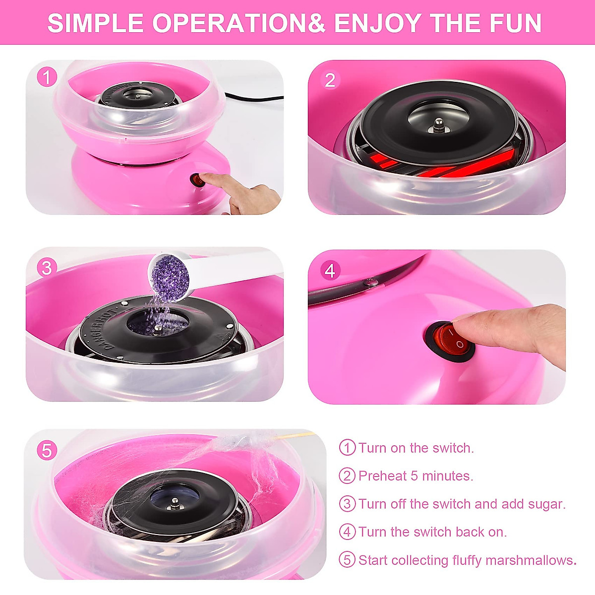 Cotton Candy Machine for Kids, Mini Electric Cotton Candy Maker with Food Grade Splash-Proof Plate for Home Kids Birthday Family Party, Includes 10 Bamboo Sticks & Sugar Scoop, Pink