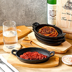 Mifoci 6 Sets Mini Cast Iron Skillets,oval Fajita Plates with Wooden Base Dish Tray Serving Sizzling Plate for Baking Roasting Cooking Grilling Appetizer (8.5x6.1x1.7 In)