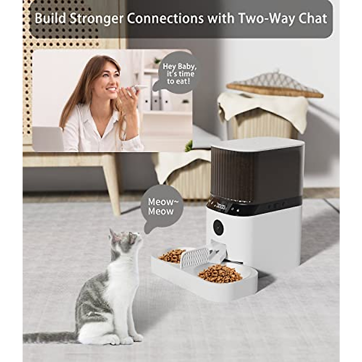 Automatic Cat Feeders with Camera,1080P HD Night Vision 2.4G WiFi 5L Pet Feeder,Height Adjustable Dog Dry Food Dispenser,Two Way Splitter & Three Stainless Bowls,10s Meal Call & Interaction (White)