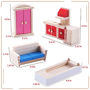 Toydaze Wooden Dollhouse Furniture Set with 35pcs Furnitures with 4 Family Dolls, Dollhouse Accessories are Gift for Girls Boys Age 3+