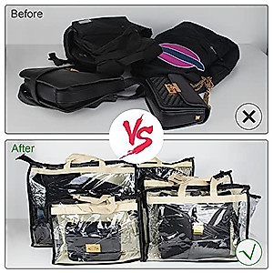 10Pcs Clear Handbag Storage Organizer Dust Cover Bags, LASZOLA 5 Sizes Transparent Purse Protector Storage Bag with Zipper and Handle for closet shelf - Dustproof & Moistureproof (Black+ Beige)