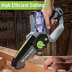 WORKPRO Mini Chainsaw, 6.3“ Cordless Electric Compact Chain Saw with 2 Batteries, One-Hand Operated Portable Wood Saw with Replacement Guide Bar and Chain for Garden Tree Branch Pruning, Wood Cutting