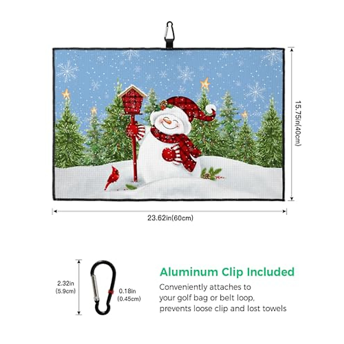 Golf Towel Christmas Snowman Xmas Tree Cardinal Blue,Waffle Pattern Microfiber Club Cleaner Golf Towels with Carabiner Clip for Women Men Dad,Winter Snowflake Golf Towel for Golf Bags,24x16in